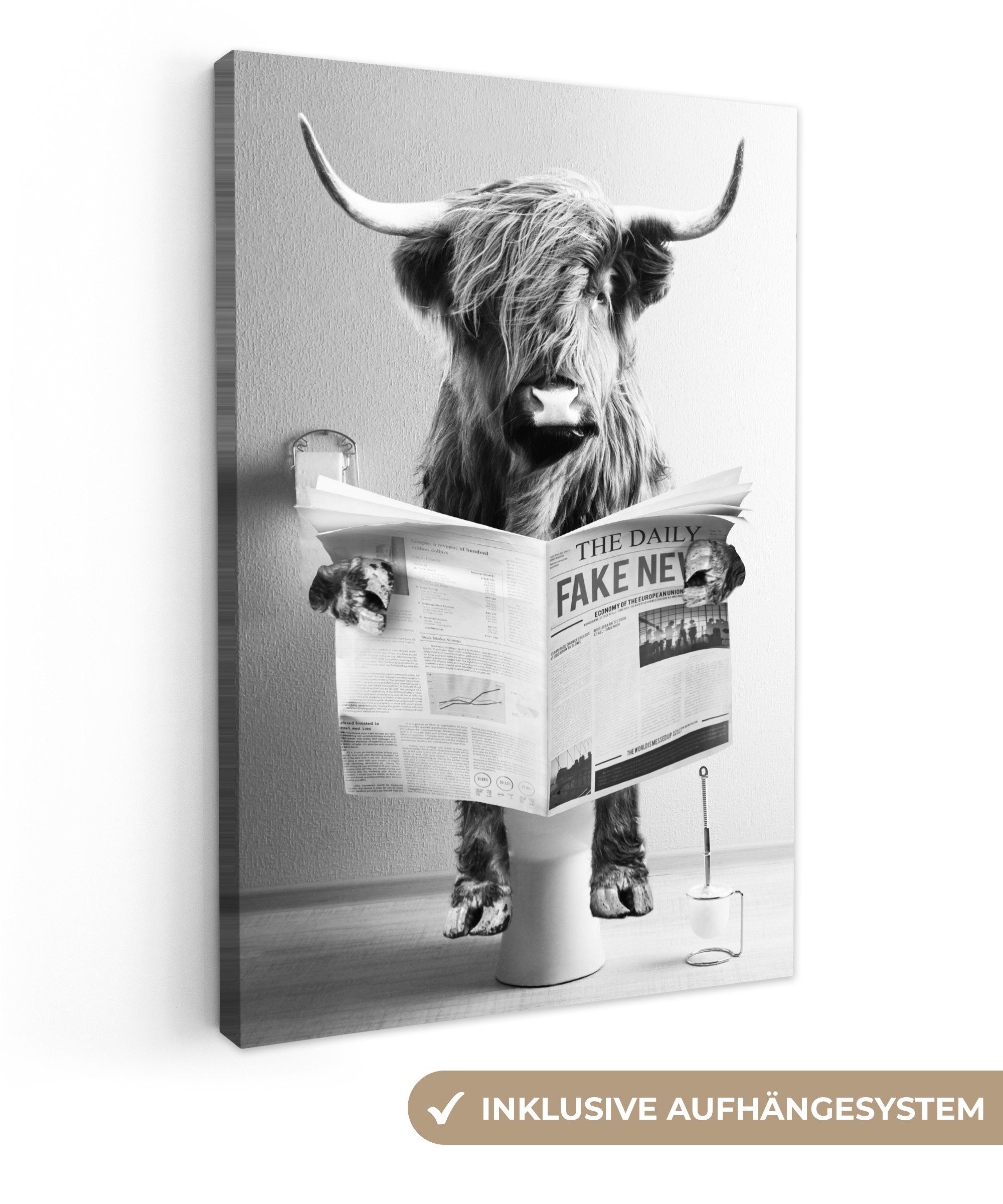 OneMillionCanvasses® Leinwandbild Scottish Highlander - Kuh - Bademantel - Schwarz und Weiß ...